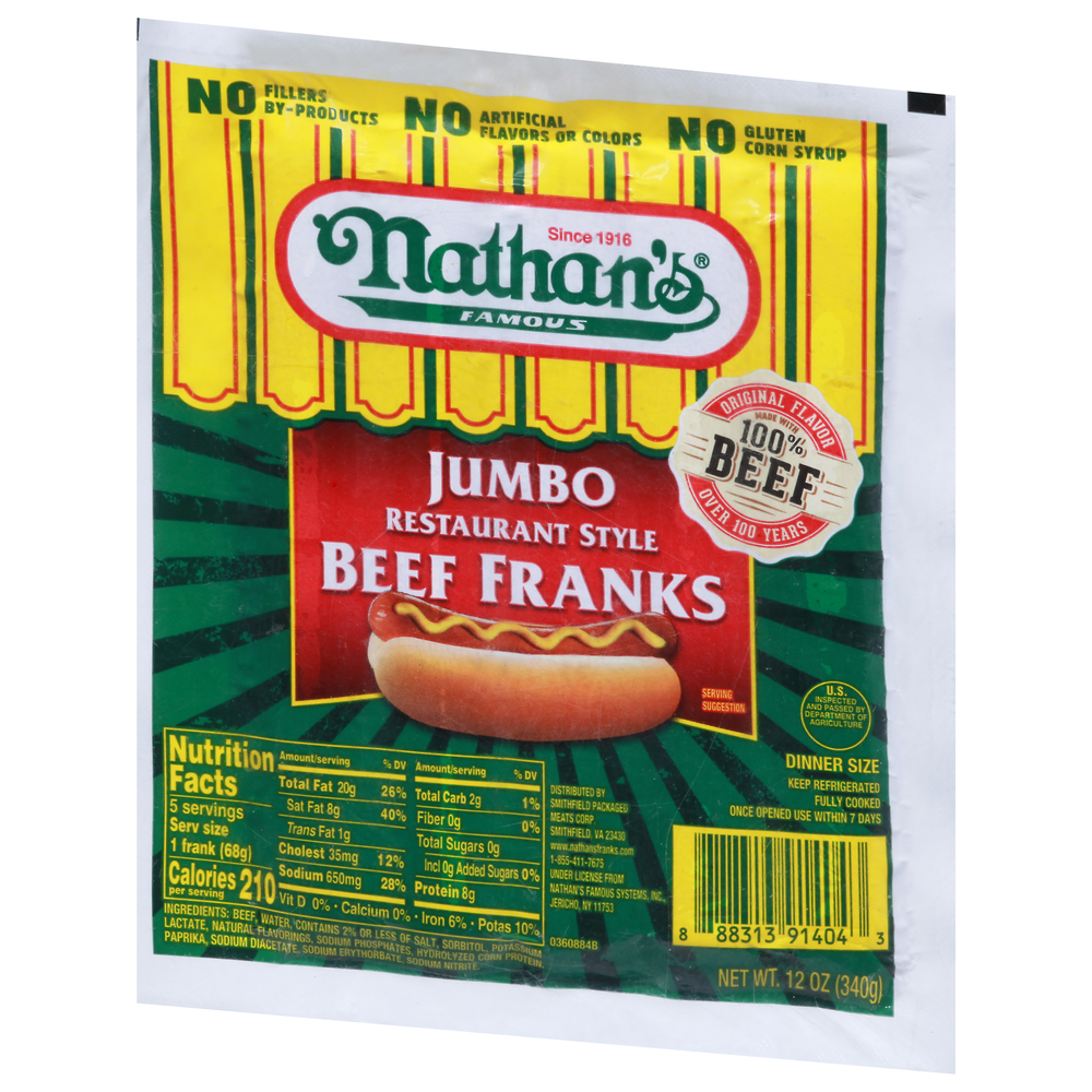 Nathan's Famous Beef Franks, Restaurant Style, Jumbo, Dinner Size-Front ...