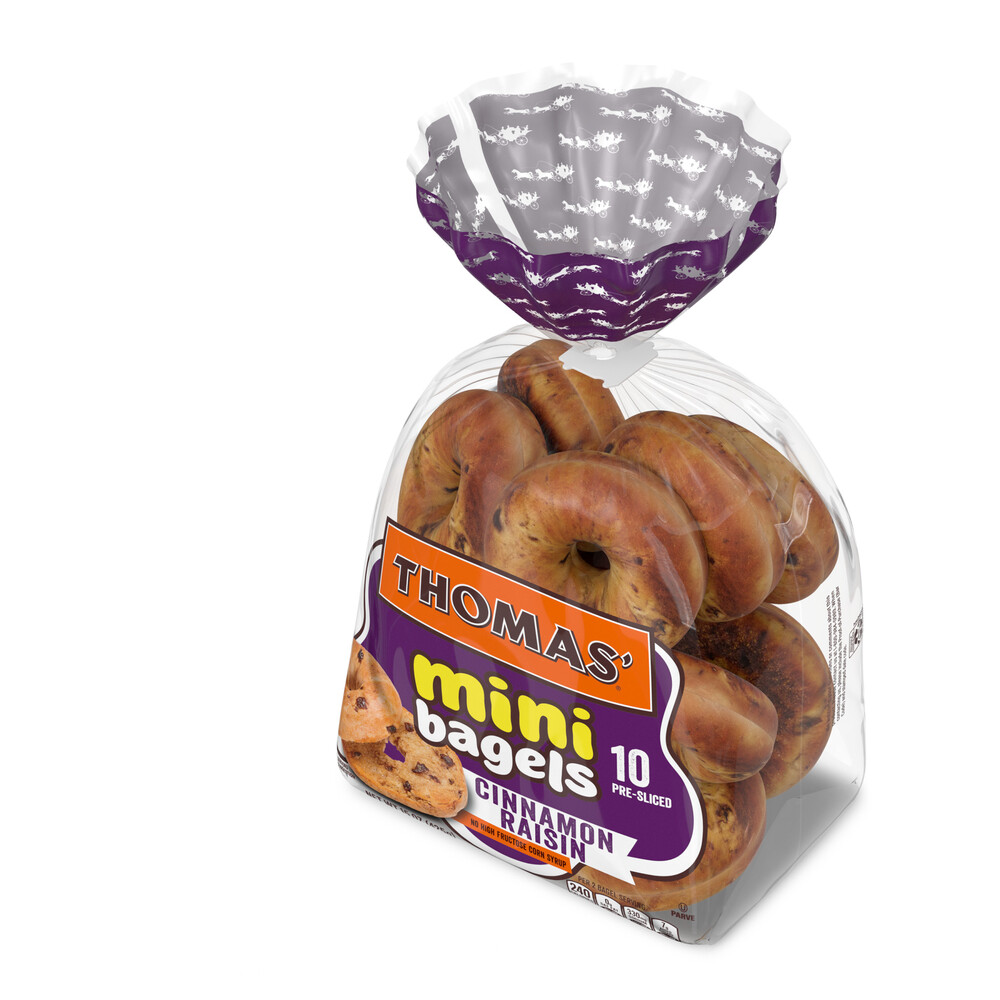 Thomas' Bagels, Pre-Sliced, Cinnamon Raisin, Mini-Front-Right-Elevated