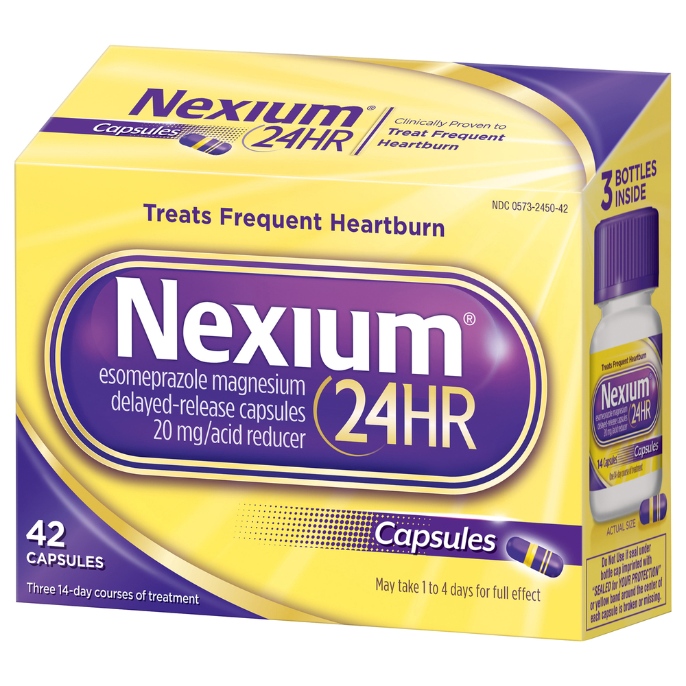 Nexium Acid Reducer, 24 Hour, 20 mg, Capsules-Front-Right-Elevated