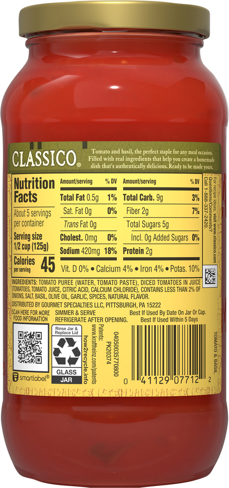 Classico Pasta Sauce, Tomato & Basil-Planogram-Back