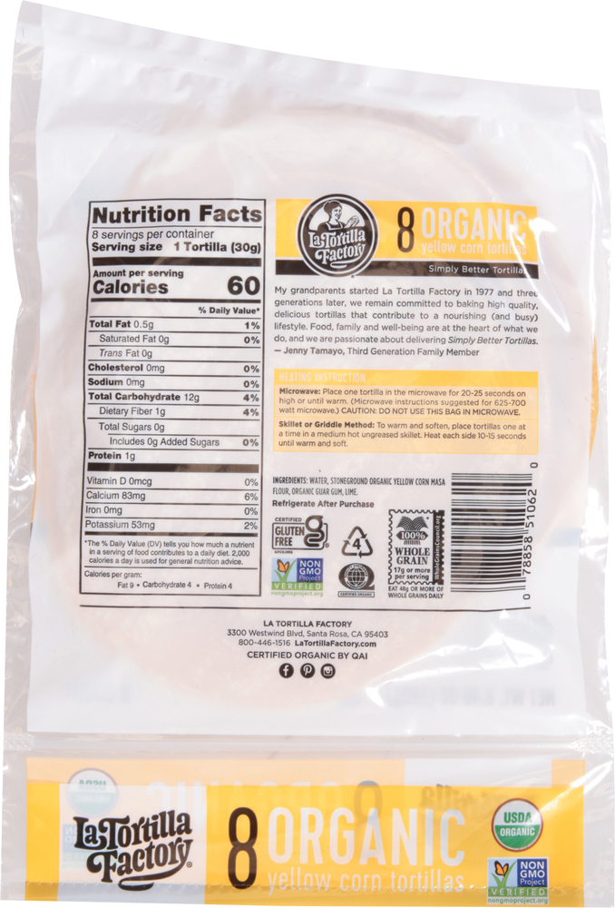 La Tortilla Factory Tortillas, Organic, Yellow Corn-Planogram-Back