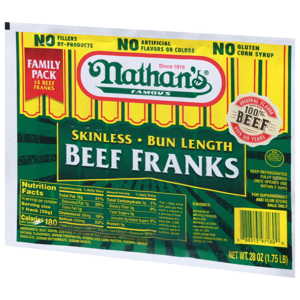 Nathan's Famous Beef Franks, Skinless, Bun Length, Family Pack-Front ...