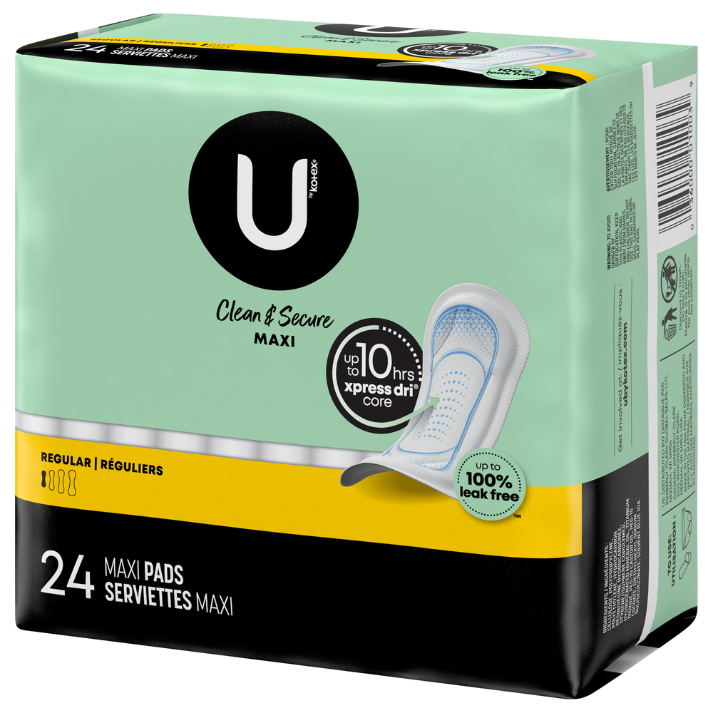 U by Kotex Clean & Secure Pads, Maxi, Regular-Front-Right-Elevated