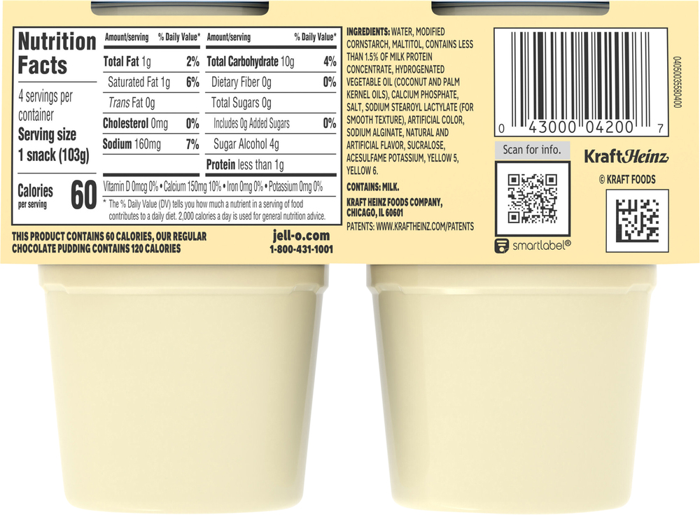 Jell-O Pudding Snacks, Reduced Calorie, Zero Sugar, Vanilla-Planogram-Back