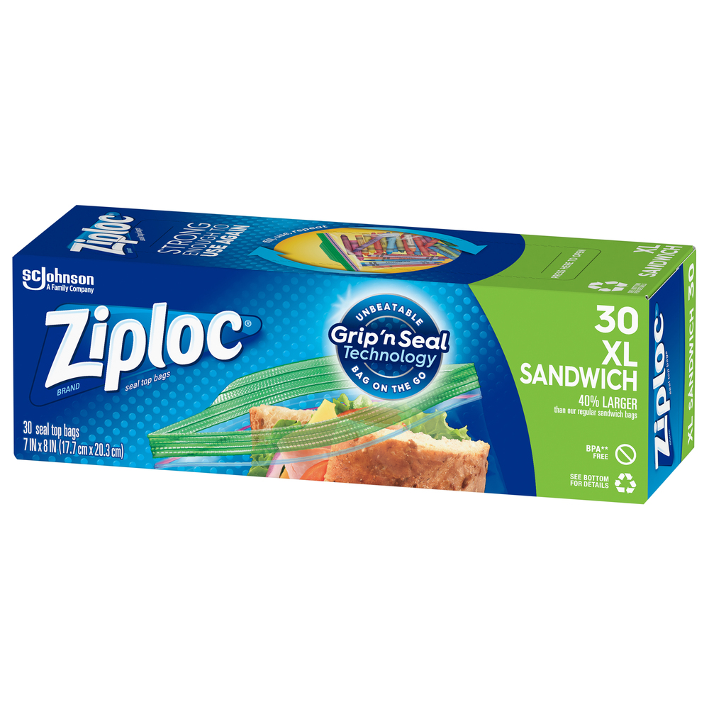 Ziploc Seal Top Bags, Sandwich, XL-Front-Right-Elevated