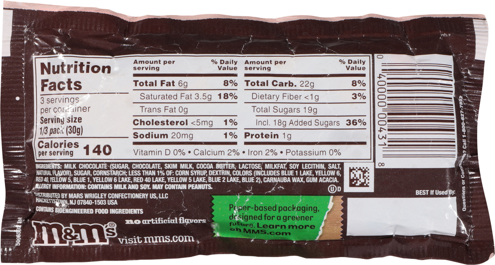 M & M Chocolate Candies, Milk Chocolate, Share Size-Planogram-Back