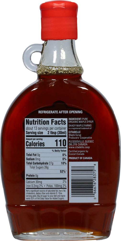 Shady Maple Farms Maple Syrup, Organic, 100% Pure-Planogram-Back