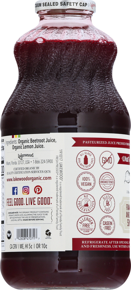 Lakewood Juice, Organic, Pure Beet-Planogram-Back