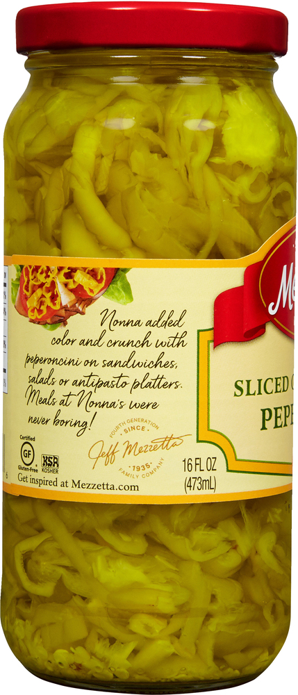 Mezzetta Peperoncini, Golden Greek, Medium Heat, Sliced-Planogram-Left