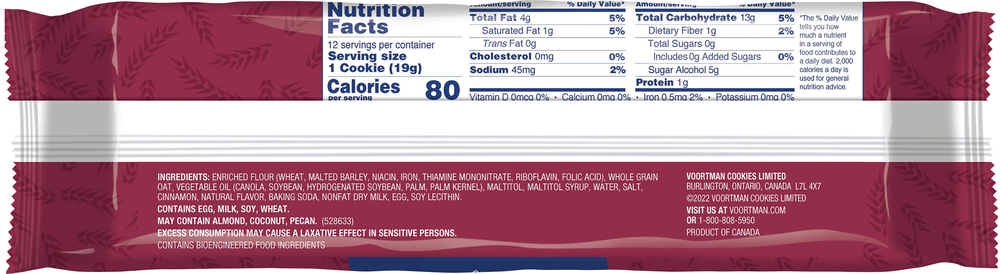 Voortman Bakery Cookies, Zero Sugar, Oatmeal-Planogram-Back