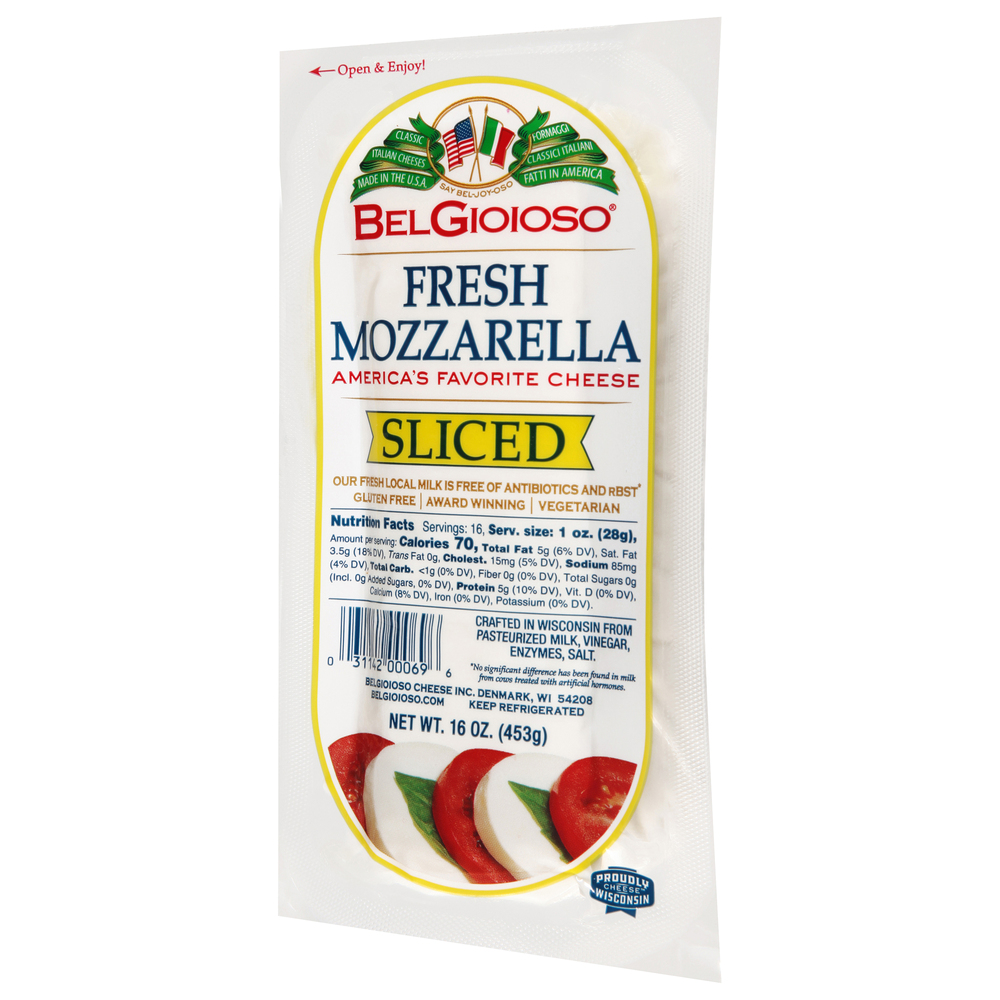 BelGioioso Sliced Cheese, Fresh Mozzarella-Front-Right-Elevated