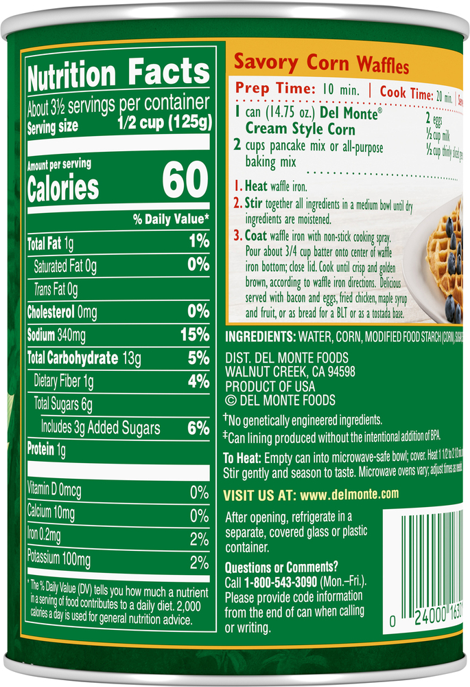 Del Monte Fresh Cut Sweet Corn, Cream Style, Golden-Planogram-Back