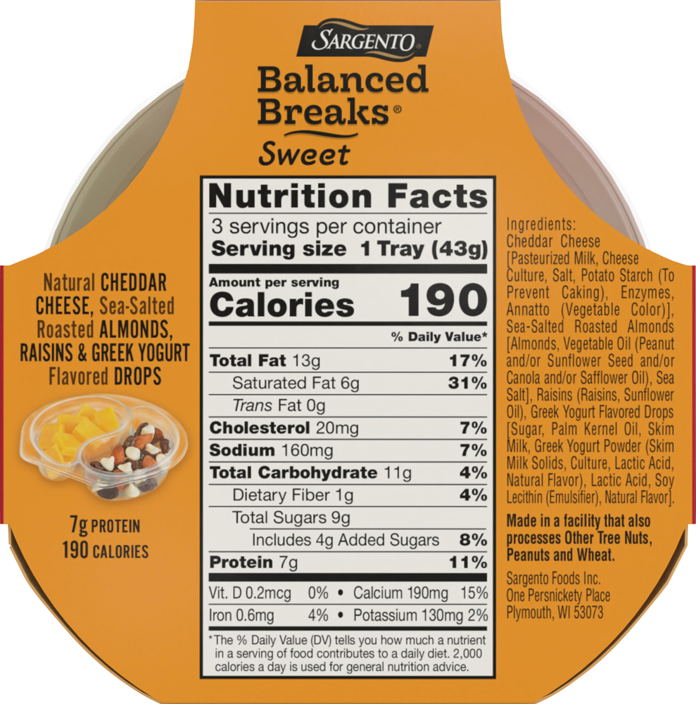 Sargento Balanced Breaks, Sweet, Cheddar Cheese/Almonds/Raisins & Greek ...