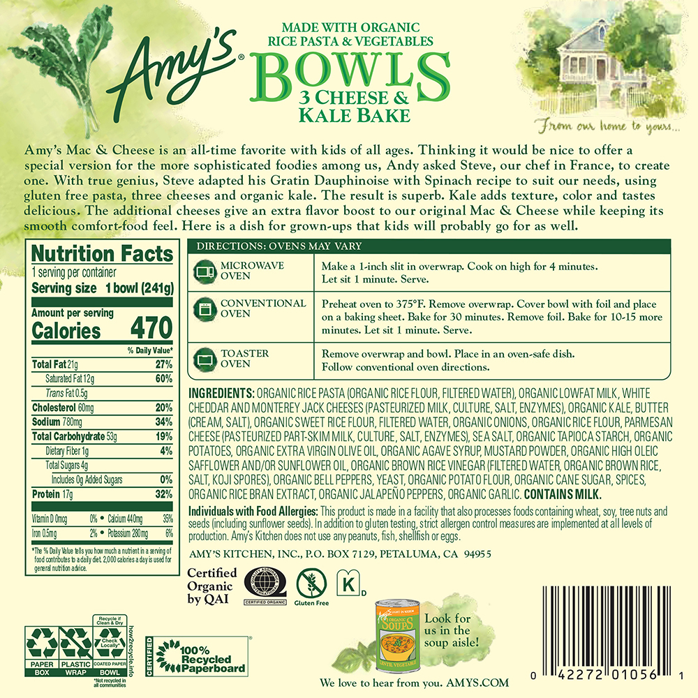 Amy's Bowls Amy’s Frozen Bowls, 3 Cheese & Kale Bake Bowl, Gluten free ...