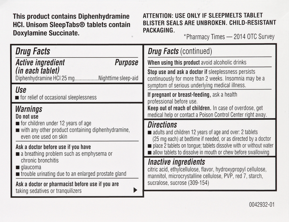 Unisom SleepMelts Nighttime Sleep-Aid, 25 mg, Tablets, Cherry Flavor ...