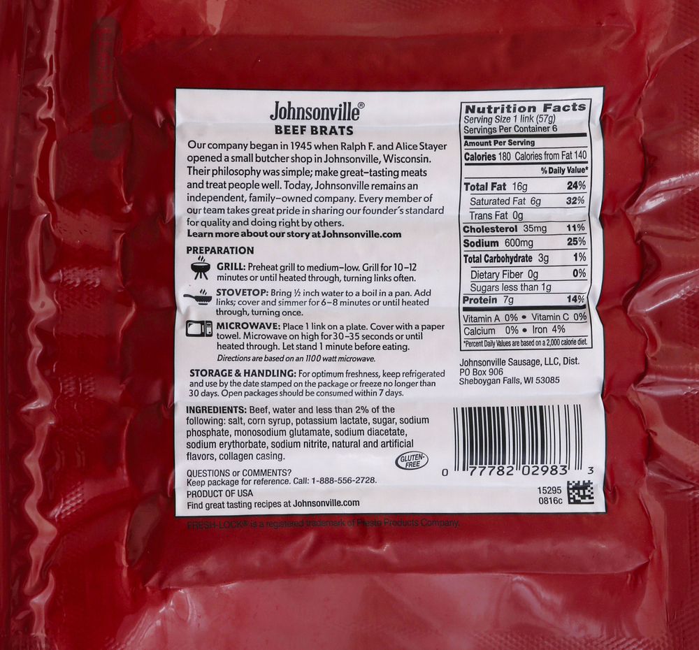 Johnsonville Bratwurst, Beef Brats, Smoked-Planogram-Back