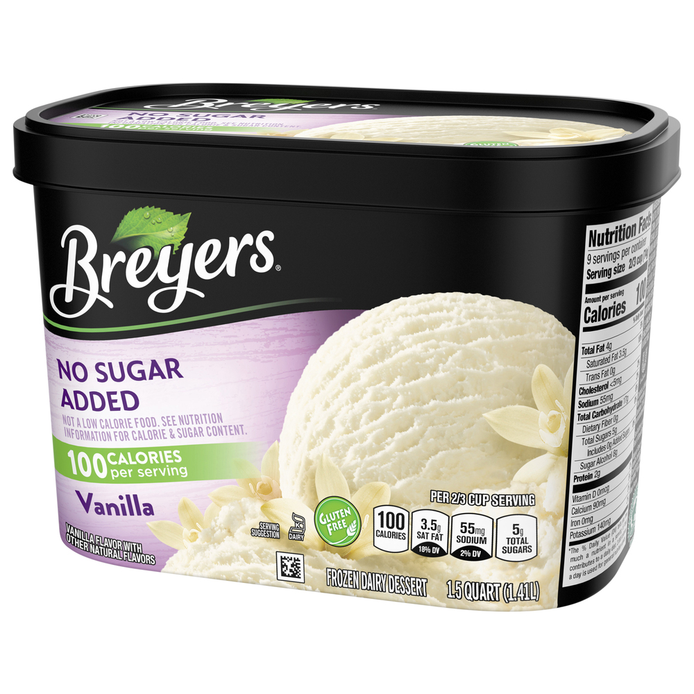 Breyers Frozen Dairy Dessert No Sugar Added Vanilla Front Right Elevated
