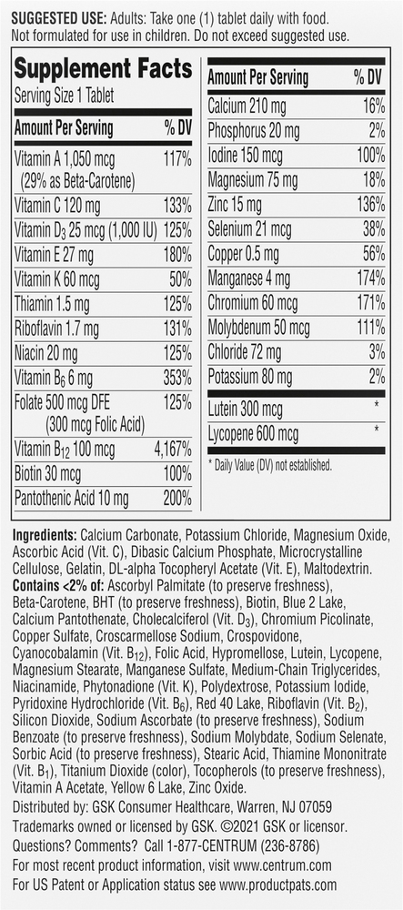 Centrum Silver Multivitamin/Multimineral Supplement, Men 50+, Tablets ...