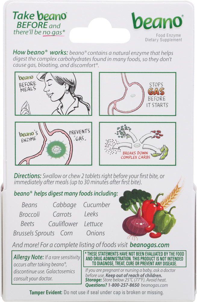 Beano Food Enzyme Dietary Supplement, Ultra 800, Tablets-Planogram-Back