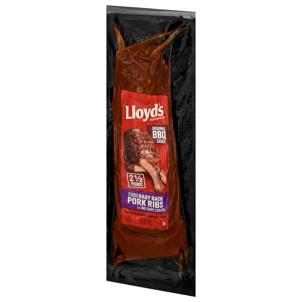 Lloyd's Pork Ribs, Baby Back, Original BBQ Sauce-Front-Right-Elevated