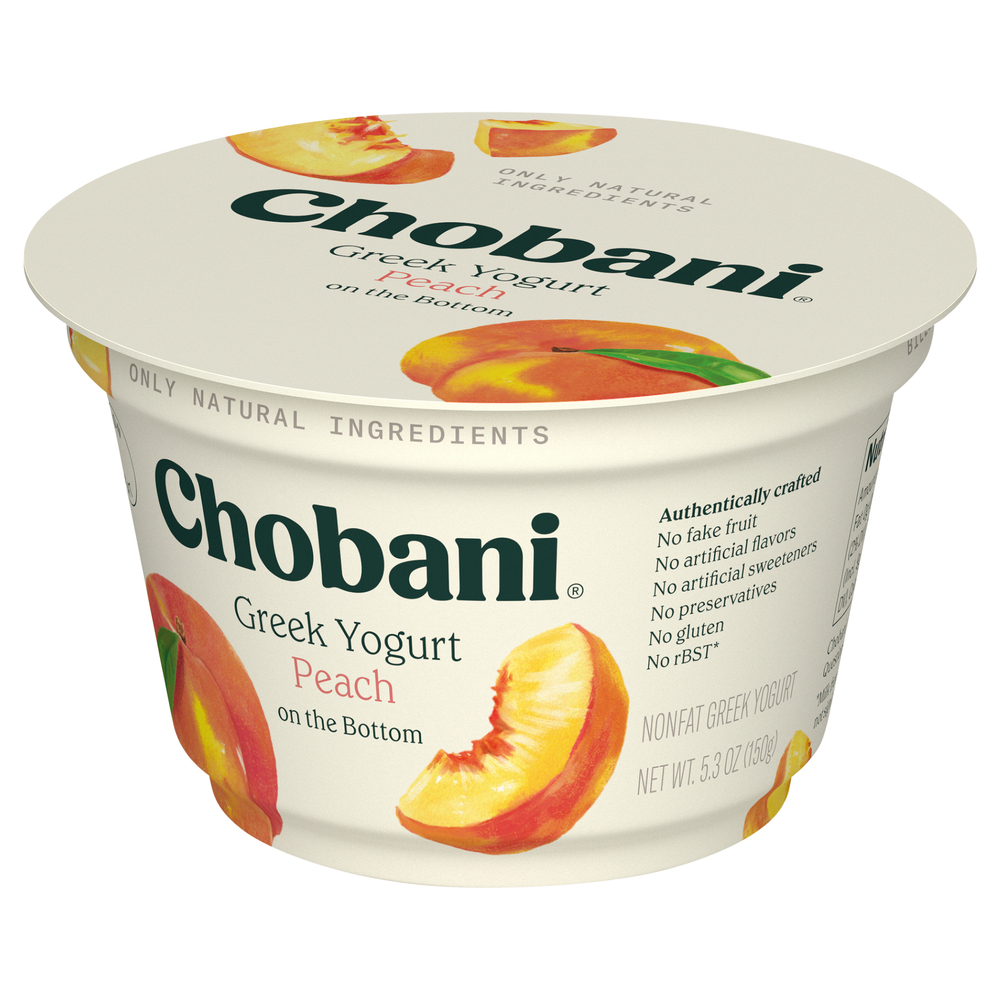 Chobani Yogurt, Greek, Nonfat, Peach on the Bottom-Front-Right-Elevated