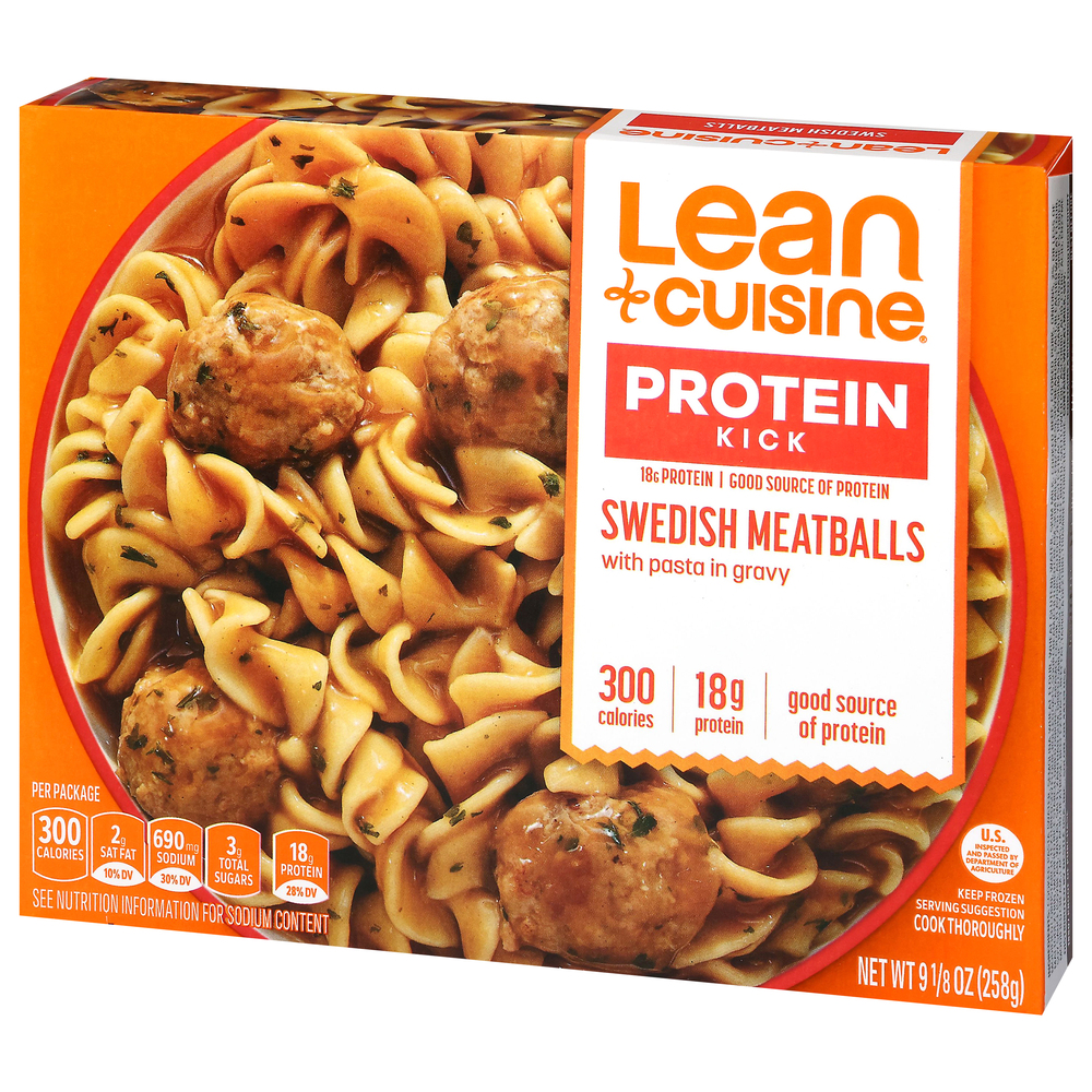 Lean Cuisine Protein Kick Swedish Meatballs, with Pasta in Gravy-Front ...