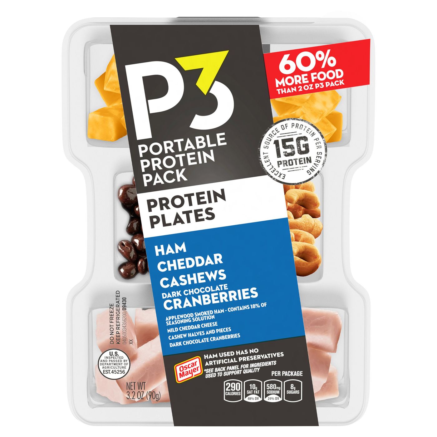 P3 Ham, Cashews, Cheddar & Dark Chocolate Cranberries Portable Protein ...