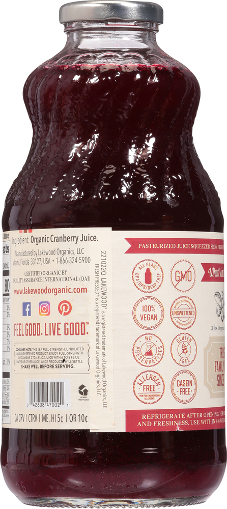 Lakewood Organic Juice, Pure Cranberry-Planogram-Back
