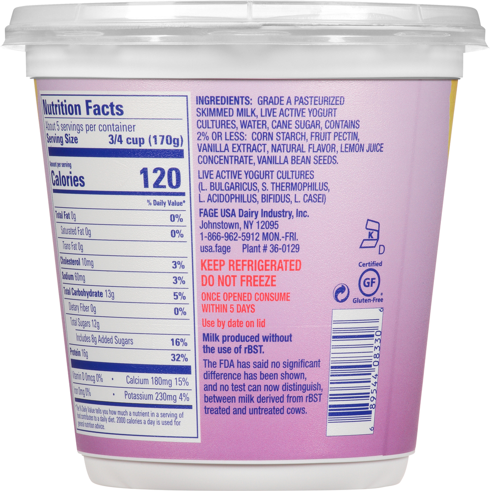 Fage Yogurt, Greek, Nonfat, Vanilla, Strained, Blended-Planogram-Back
