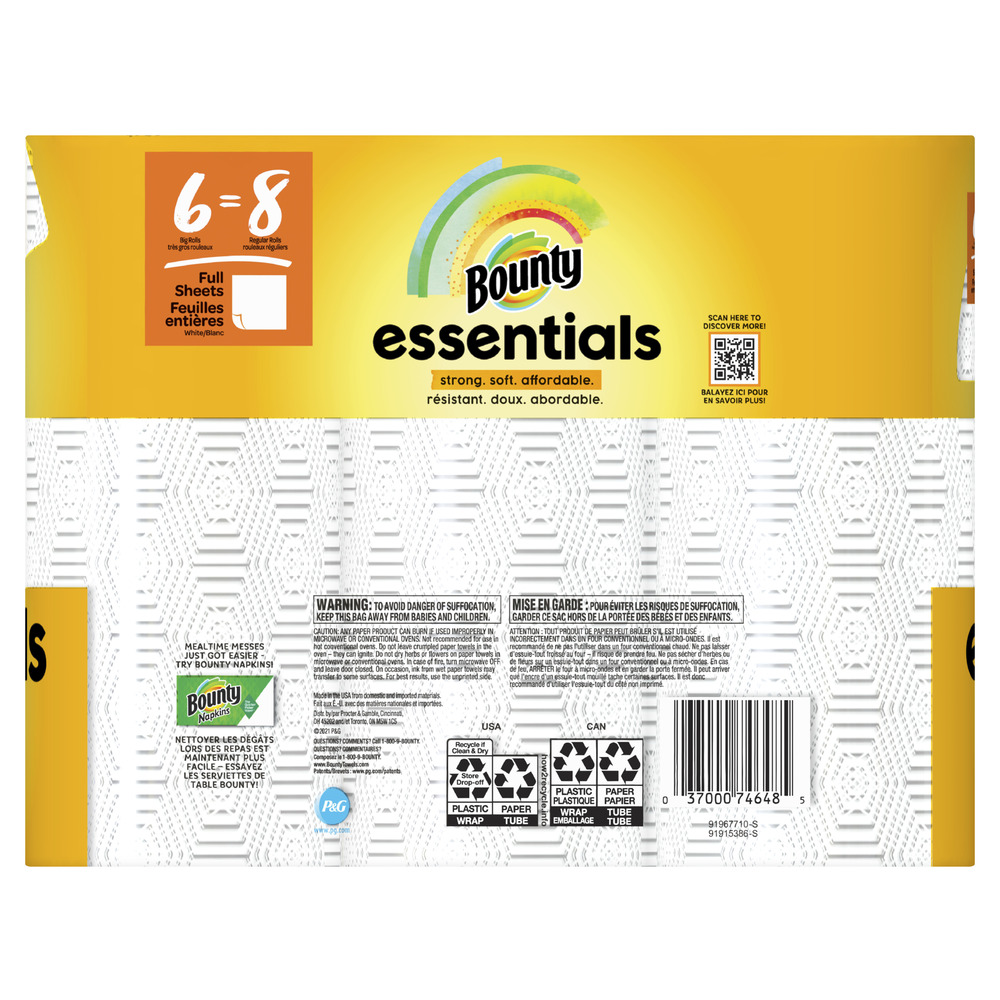 Bounty Essentials Essentials Paper Towels, White, 6 Big Rolls = 8 ...