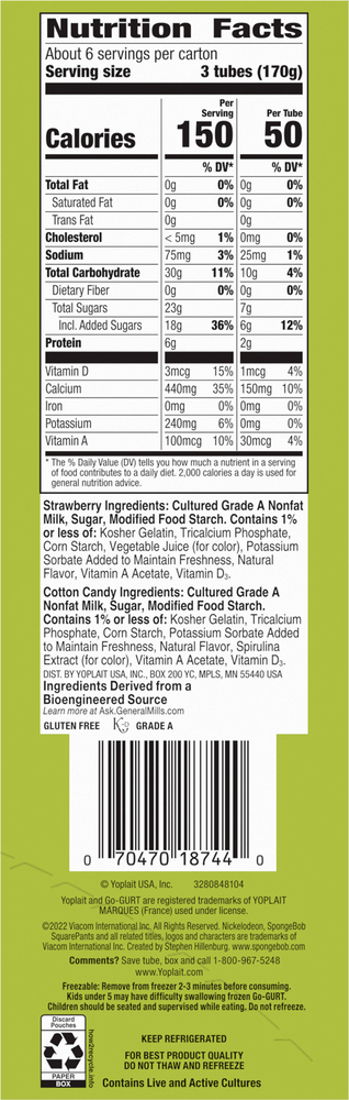Go-Gurt Fat Free Spongebob Squarepants Strawberry Splash/Cool Cotton Candy Yogurt Value Pack ...