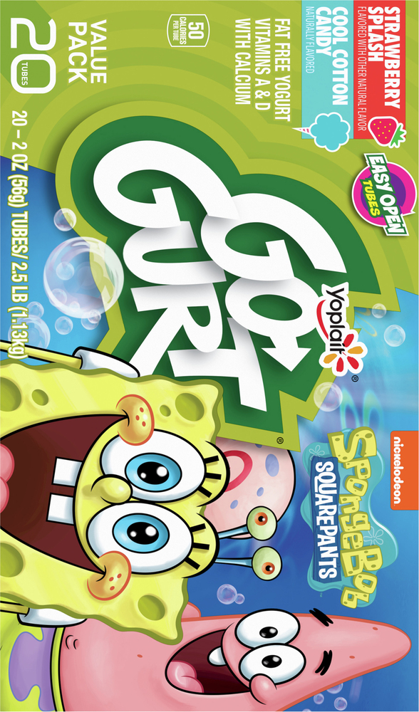 Go-Gurt Yogurt, Fat Free, Strawberry Splash/Cool Cotton Candy, SpongeBob SquarePants, Value Pack ...