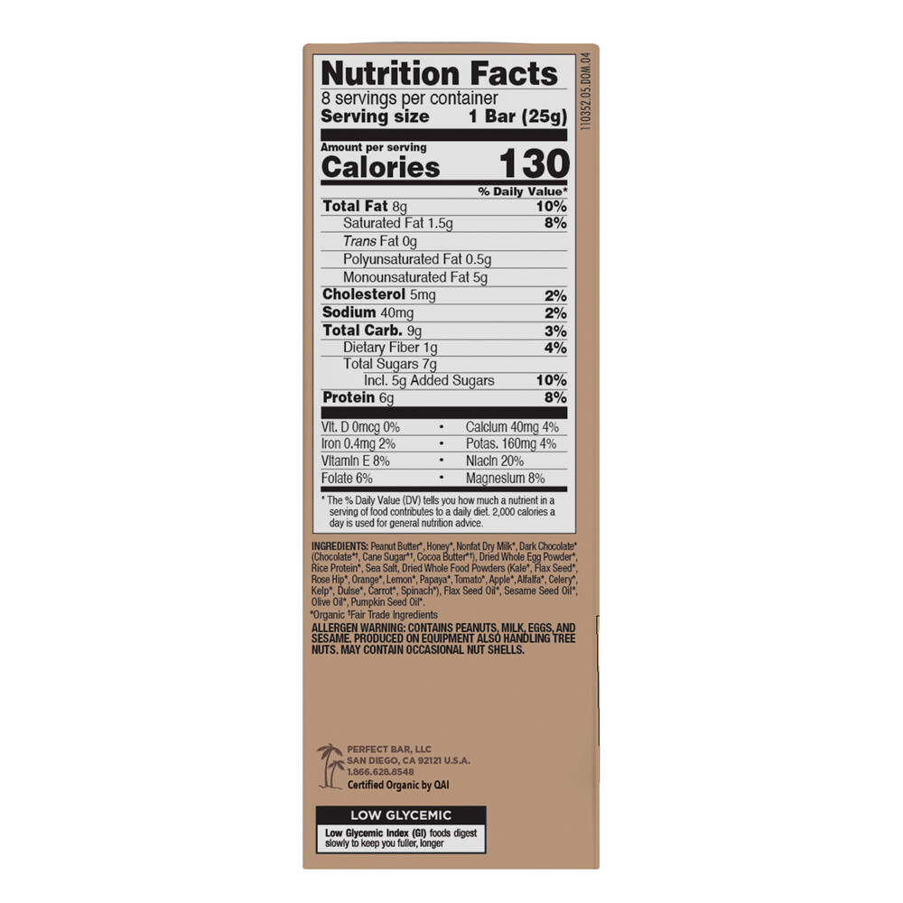 PERFECT BAR Mini Dark Chocolate Chip Peanut Butter Protein Bar, Organic ...