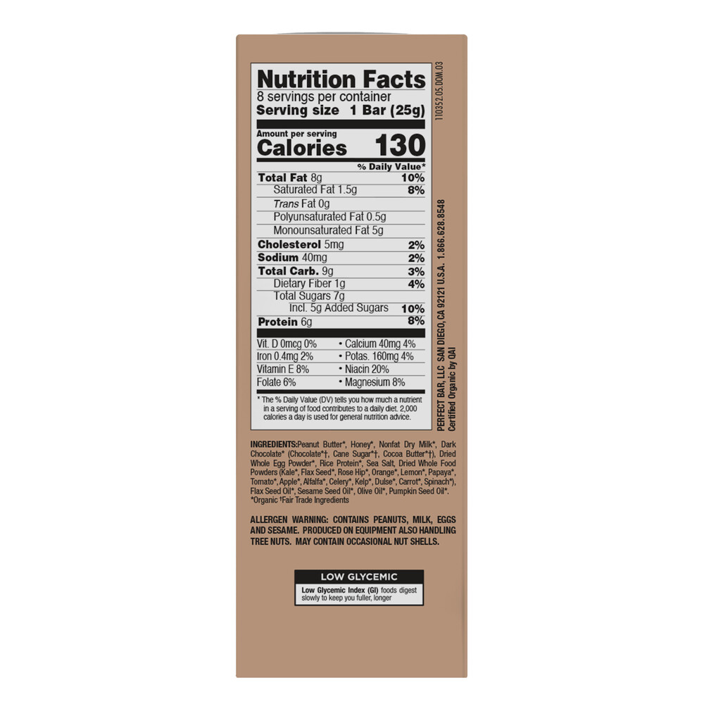 PERFECT BAR Mini Dark Chocolate Chip Peanut Butter Protein Bar, Organic ...