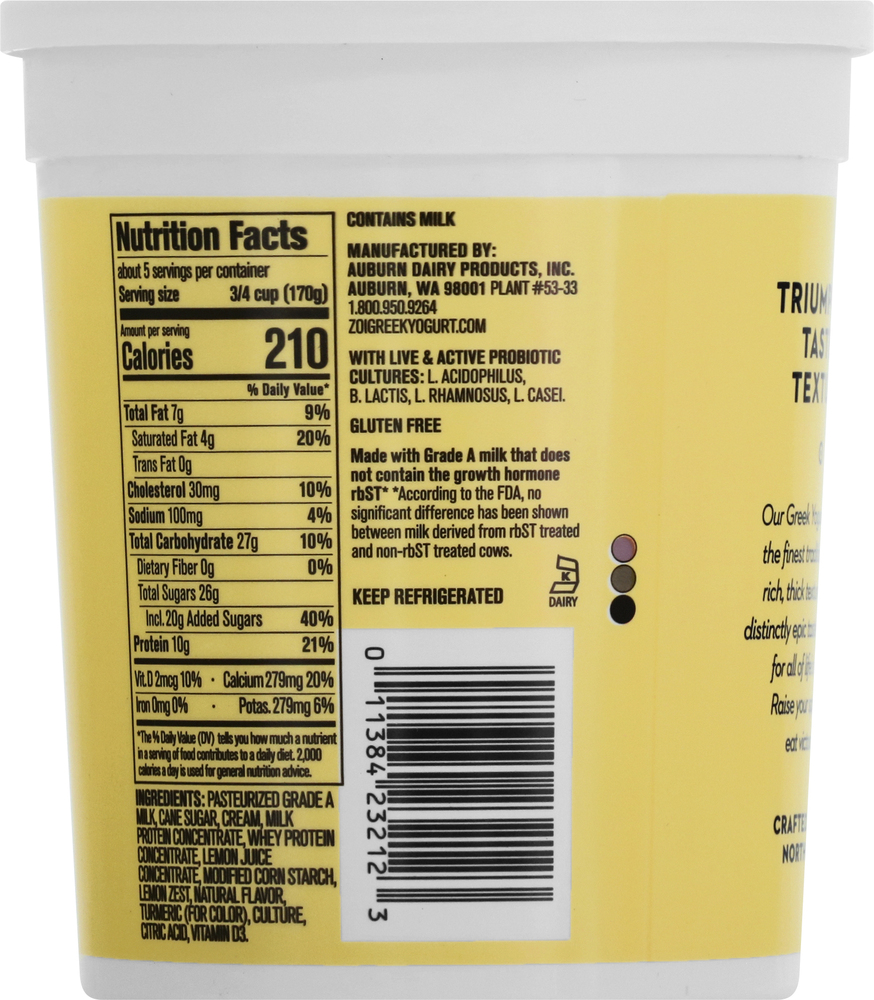 Zoi Yogurt, Greek, Lemon Cream, Blended-Planogram-Back