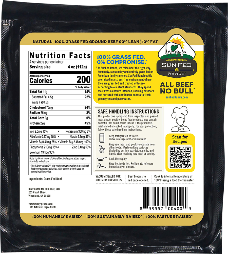 Sunfed Ranch 100% Grass Fed Beef, 90/10-Planogram-Back