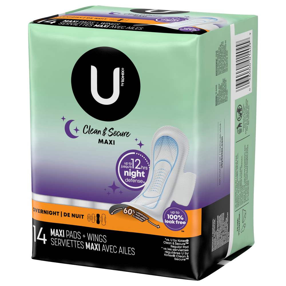 U by Kotex Clean & Secure Pads, Maxi, Wings, Overnight-Front-Right-Elevated