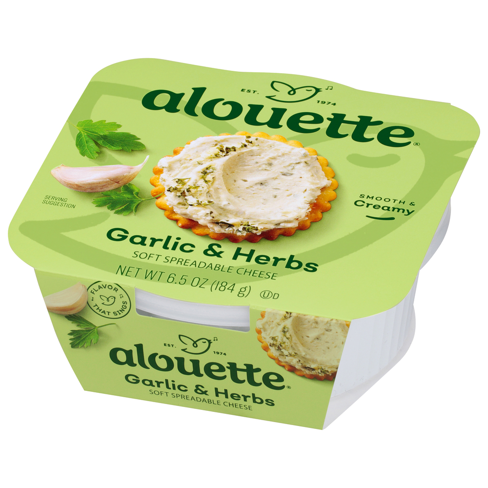 Alouette Spreadable Cheese, Soft, Garlic & Herbs-Front-Right-Elevated
