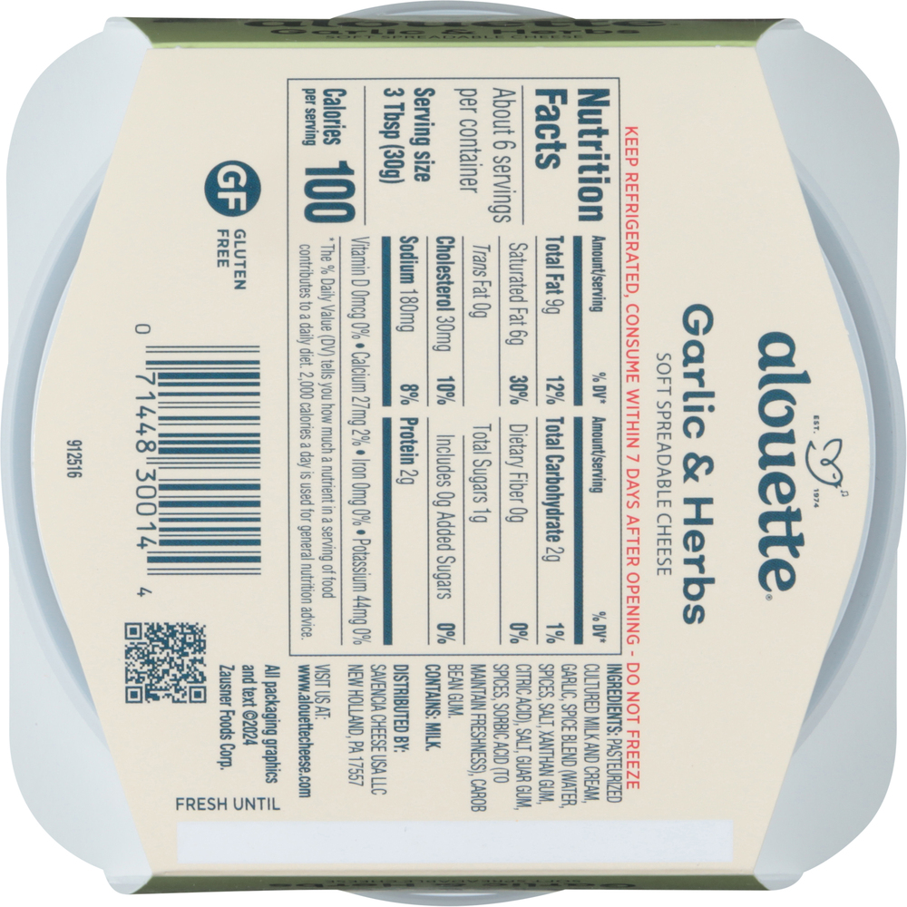 Alouette Spreadable Cheese, Soft, Garlic & Herbs-Planogram-Back