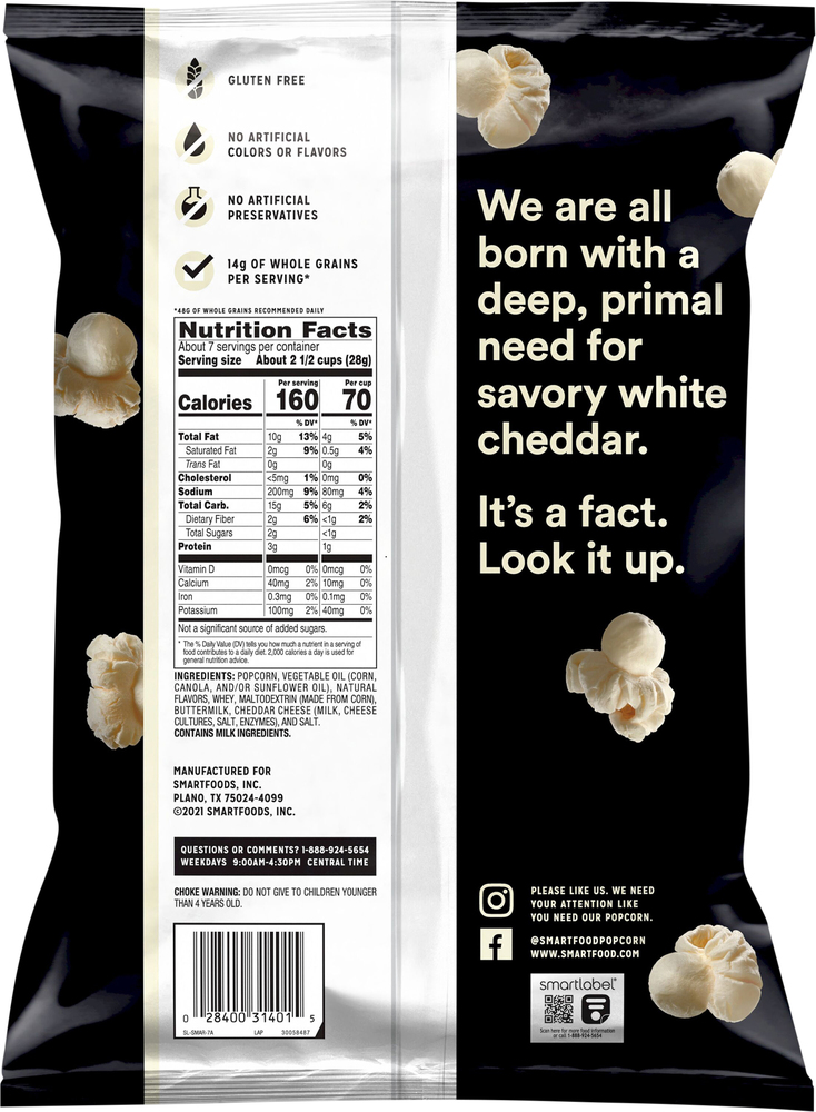 Smartfood Smartfood Popcorn White Cheddar 6.75 Oz-Planogram-Back