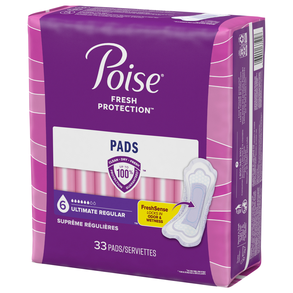 Poise Fresh Protection Pads, 6, Ultimate Regular-Front-Right-Elevated
