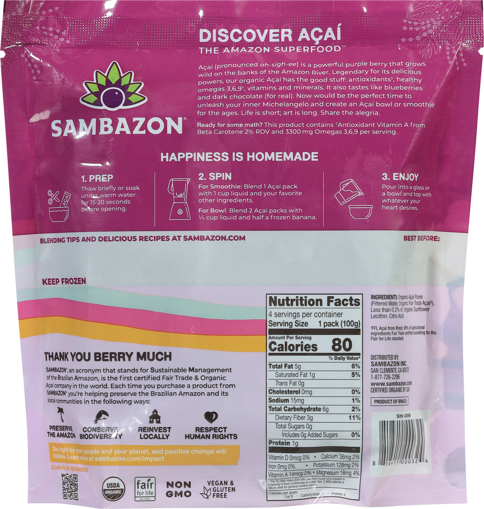 Sambazon Acai Superfruit Packs, Pure Unsweetened, Pure Acai Berry ...