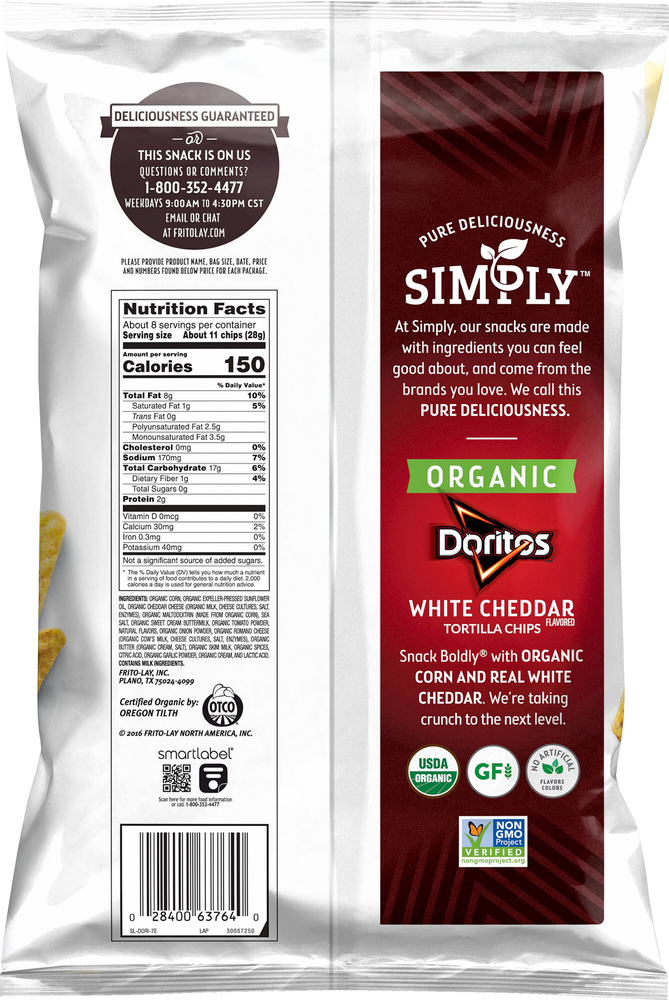 Doritos Simply Tortilla Chips, Organic, White Cheddar Flavored ...