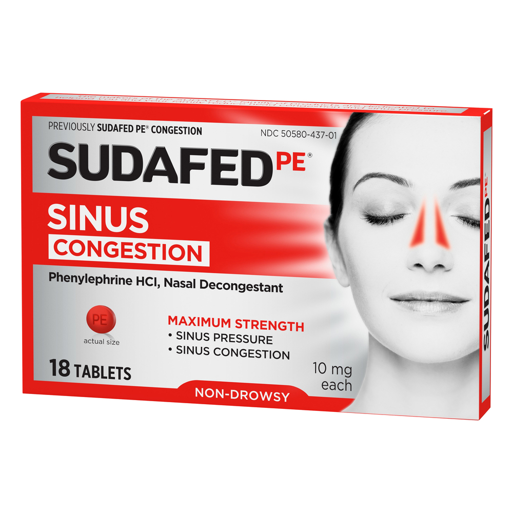 Sudafed PE Sinus Congestion, Maximum Strength, 10 mg, Non-Drowsy ...