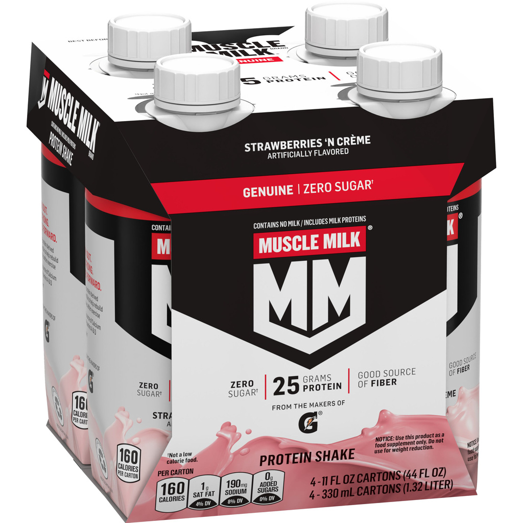 Muscle Milk Protein Shake, Zero Sugar, Genuine, Strawberries 'N Creme-Hero