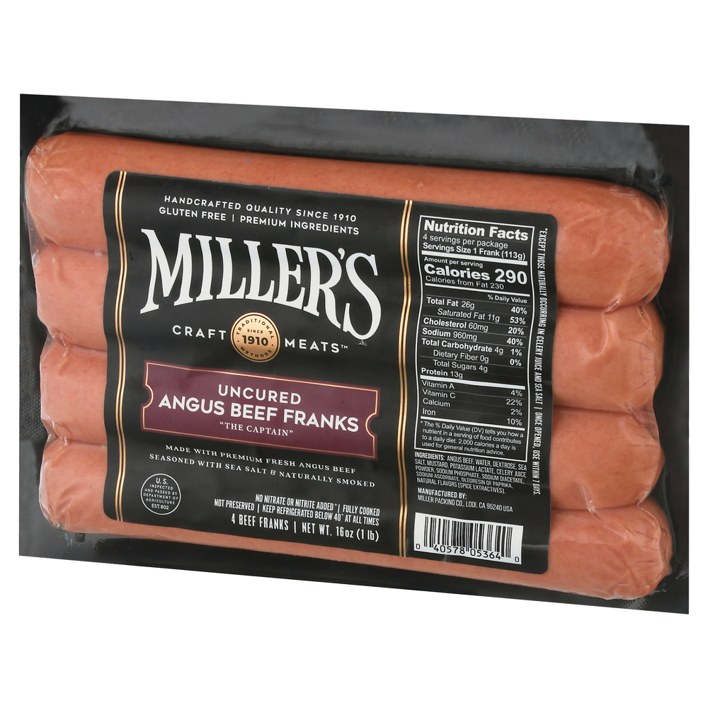 Miller's Angus Beef Franks, Uncured-Front-Right-Elevated