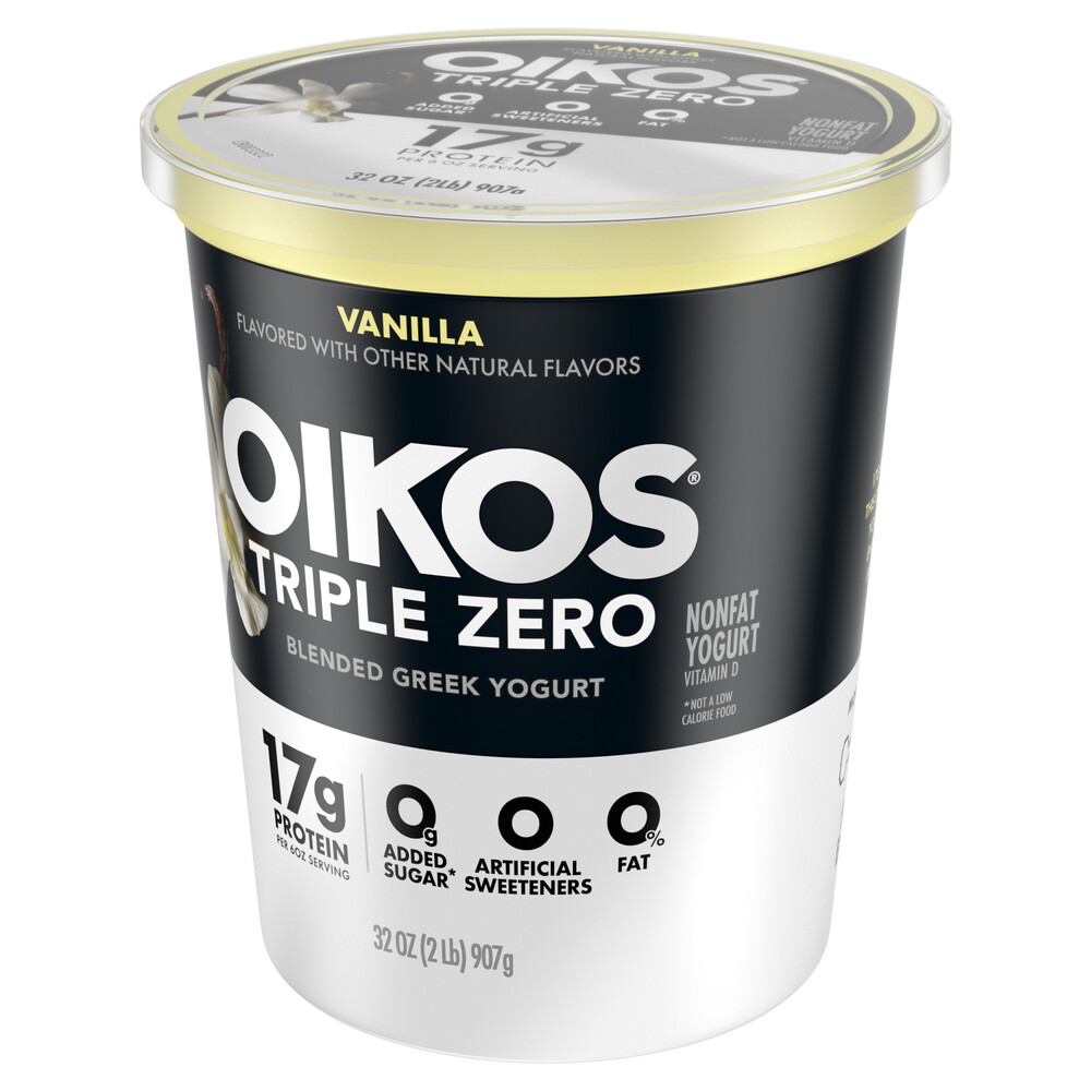 Oikos Triple Zero Nonfat Blended Greek Vanilla Yogurt-Front-Right-Elevated