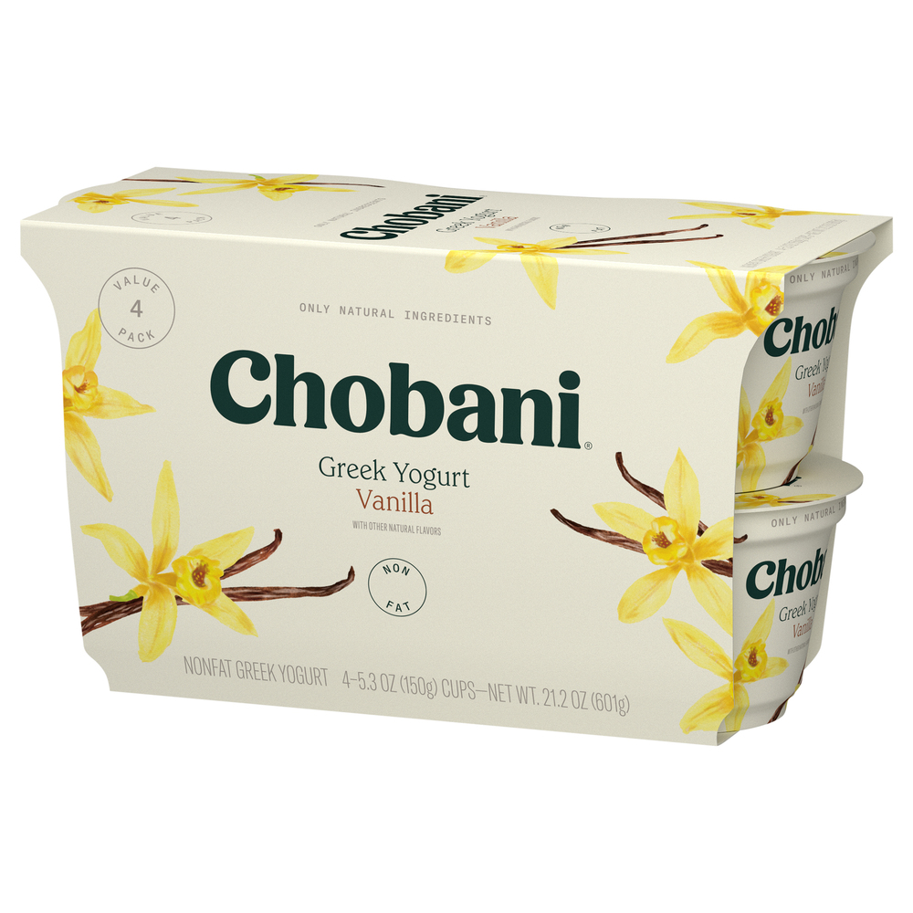 Chobani Yogurt, Greek, Vanilla, Nonfat, 4 Value Pack-Front-Right-Elevated