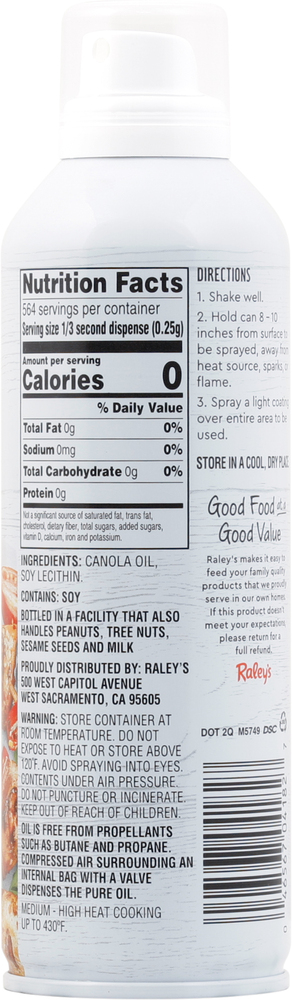 Raley's Cooking Spray, Nonstick, Canola Oil-Planogram-Back