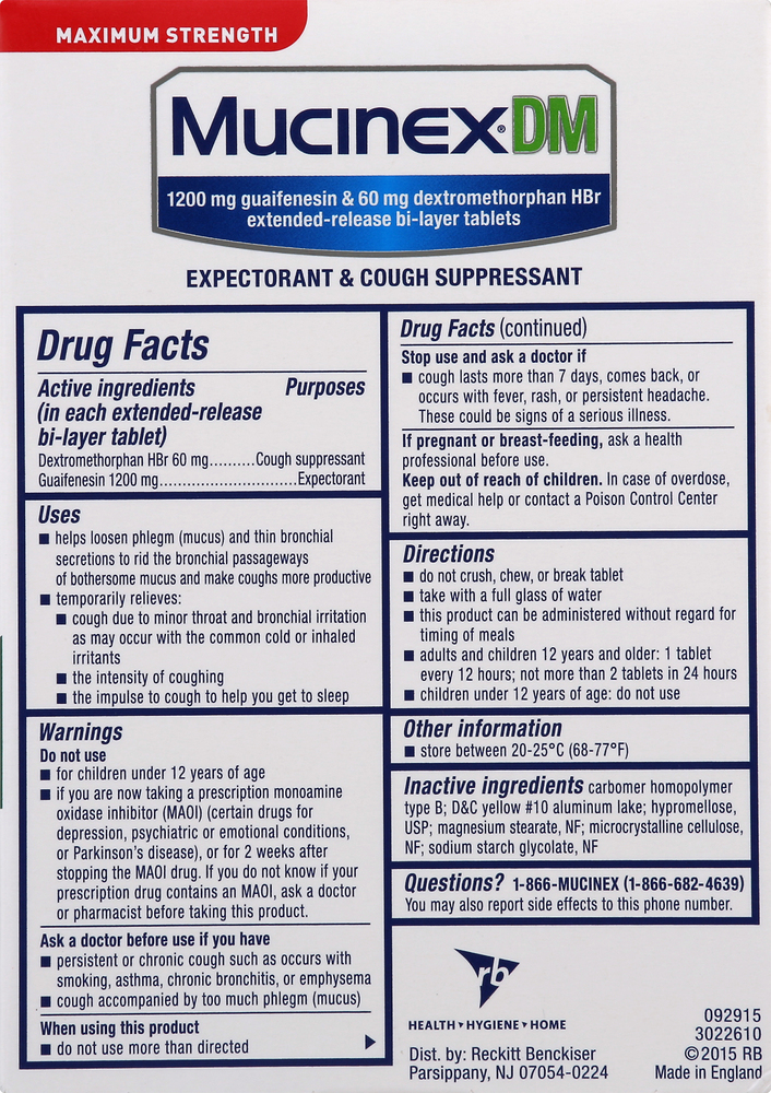 Mucinex DM Expectorant & Cough Suppressant, 12 Hour, Maximum Strength ...